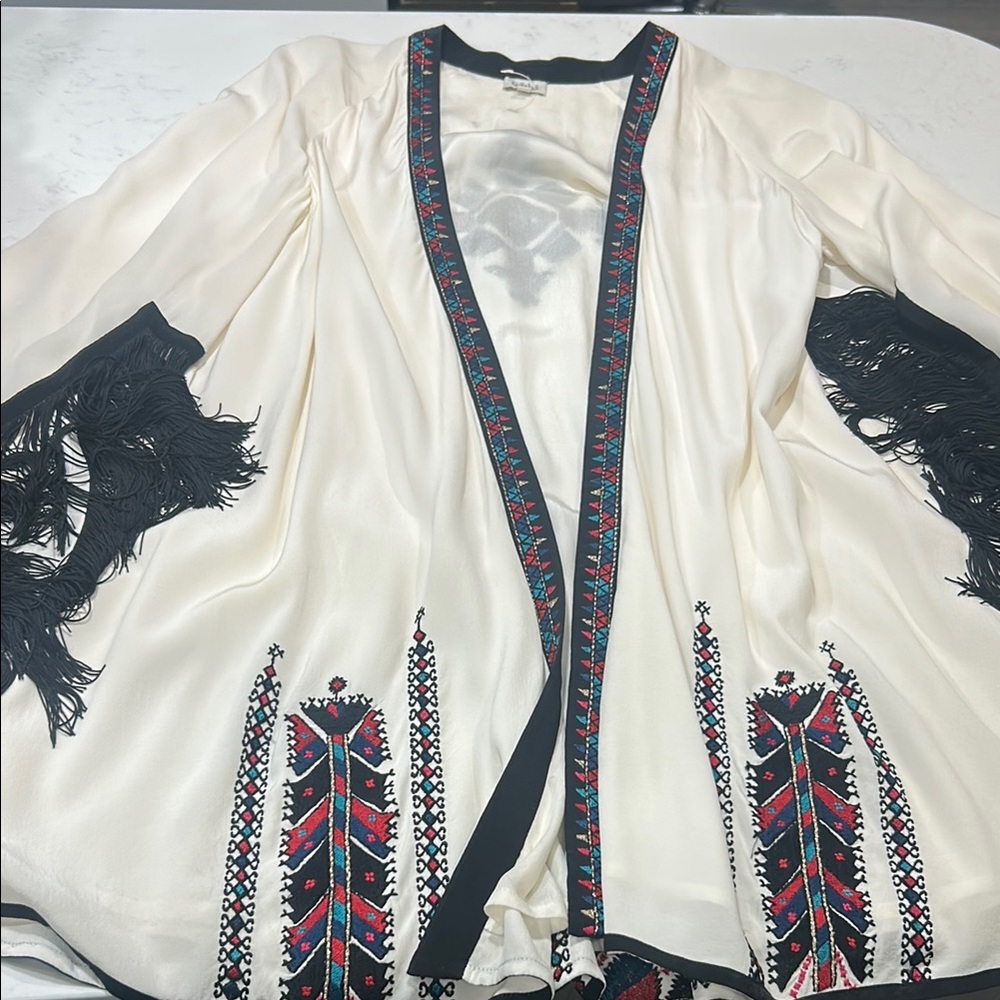 Bohemian Cream Kimono With Fringe And Embroidery - Gem